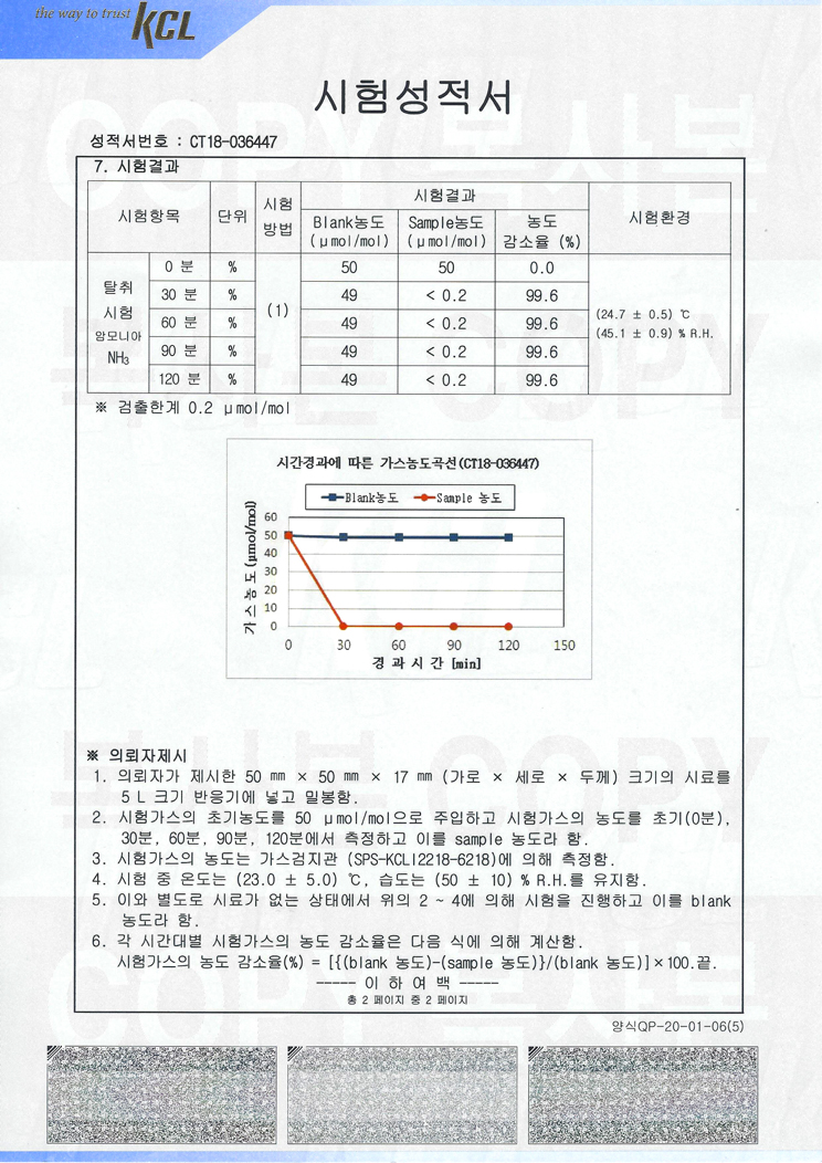 KCL 탈취성적서 2018년4월3일 > 특허증 | 청우산업(주) : 이동식황토방, 개인용사우나, 황토침대, 황토보료 등 황토제품생산 전문회사
